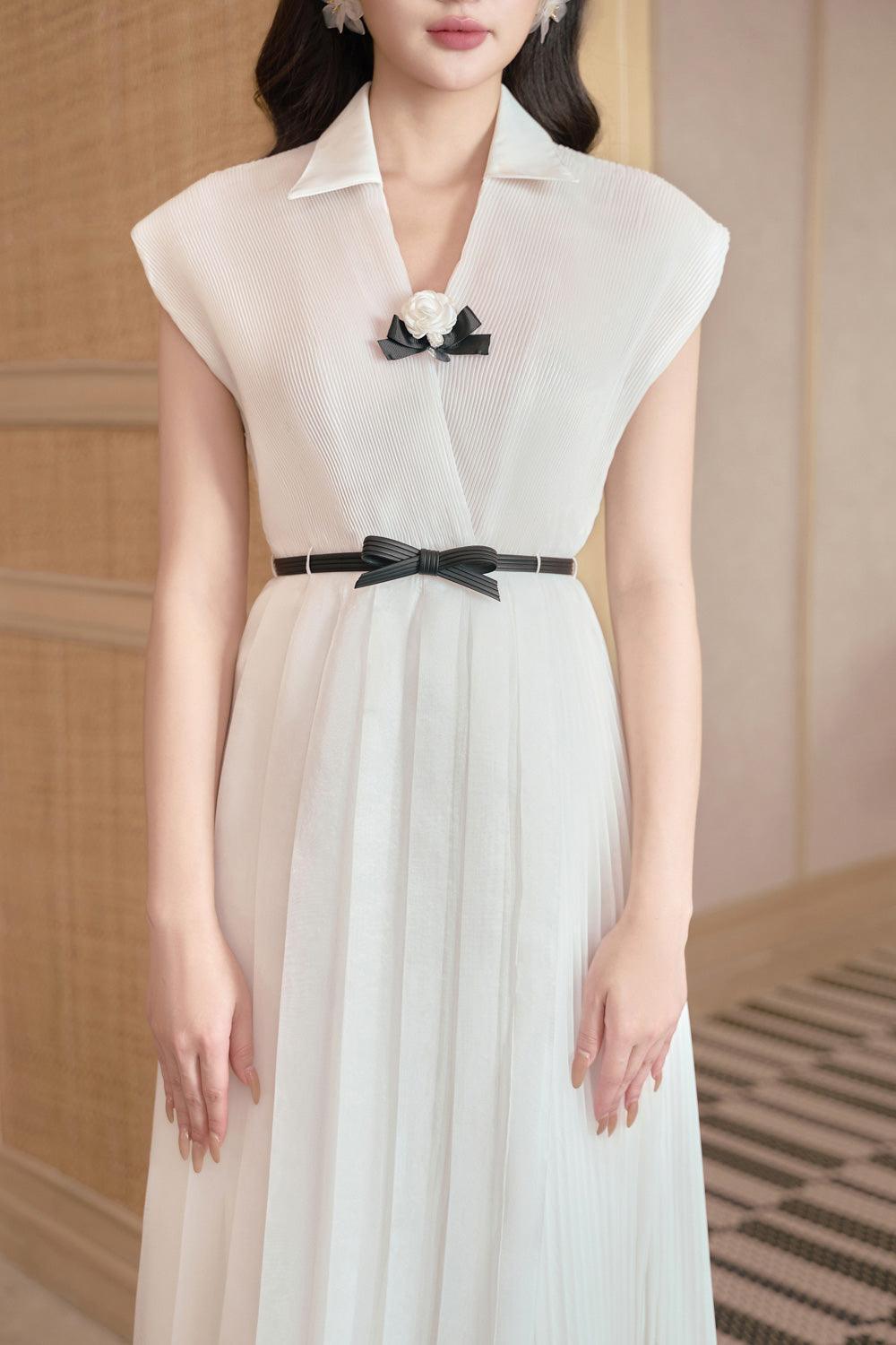 Women's Tina Asymmetric Pleated Foam Ankle Length Dress S/M/L/Customize White MEAN BLVD