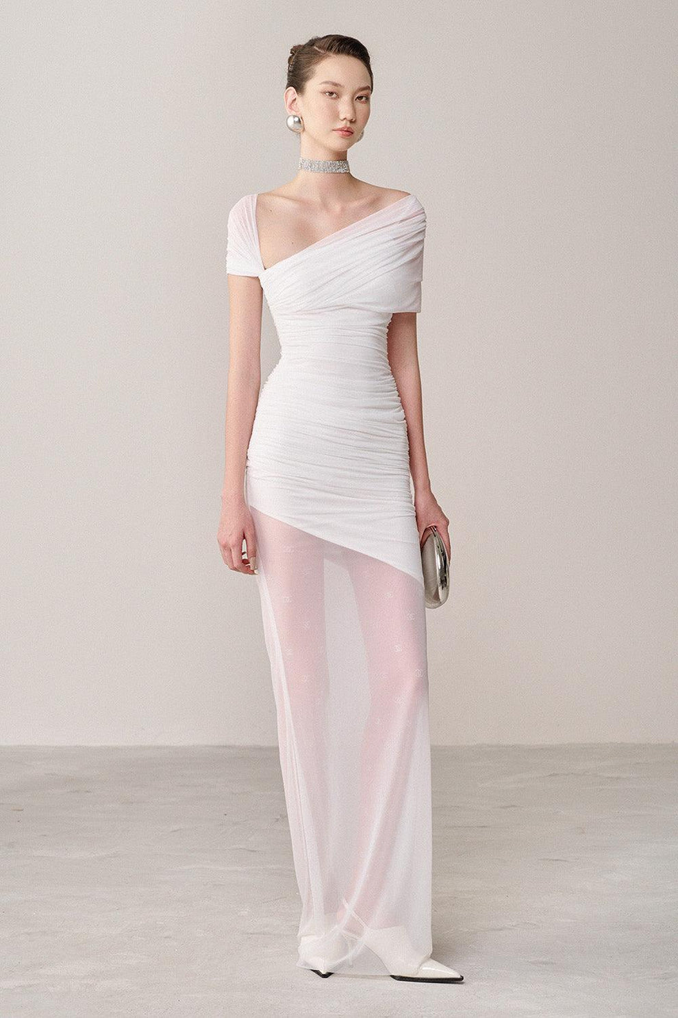 Women's Tolvin Gathered Diagonal Neck Organza Spandex Maxi Dress S/M/L ...