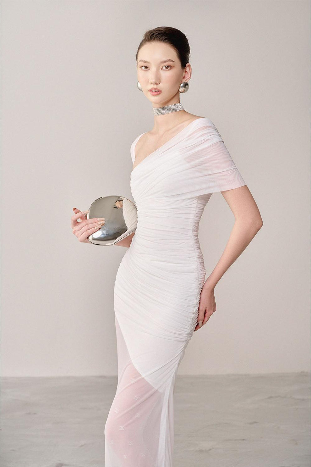Women's Tolvin Gathered Diagonal Neck Organza Spandex Maxi Dress S/M/L ...