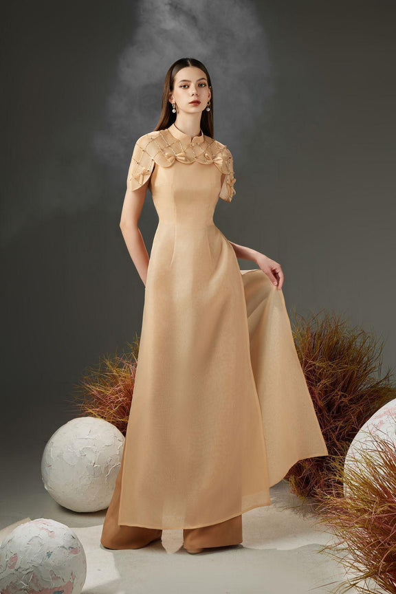 Women's Tristan A-line Cape Sleeved Organza Floor Length Ao Dai Set XS ...