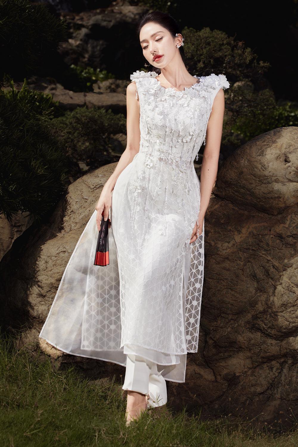 Women's Truc Anh A-line Sleeveless Mesh Lace Floor Length Ao Dai S/M/L ...
