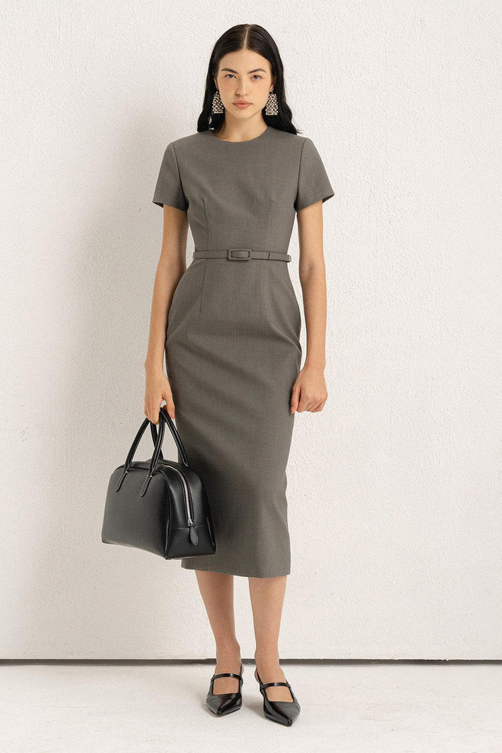 Women's Weber Pencil Round Neck Polycotton Midi Dress S/M/L Grey MEAN BLVD