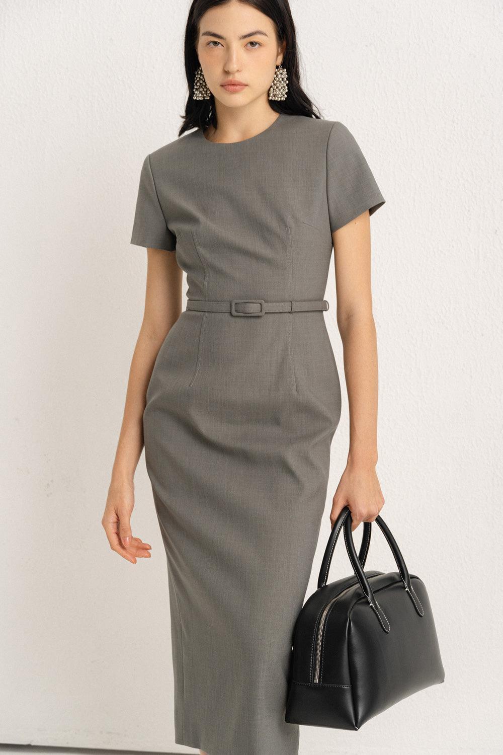 Women's Weber Pencil Round Neck Polycotton Midi Dress S/M/L Grey MEAN BLVD