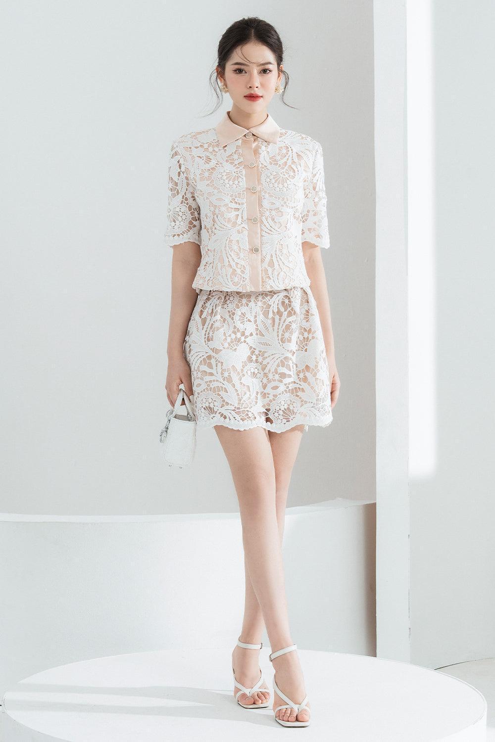 Women's Wendy Straight Pointed Flat Collar Lace Shirt S/M/L White MEAN BLVD