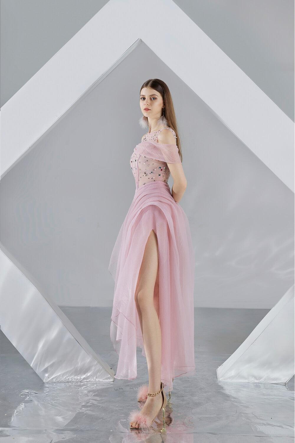 Women's Zariyah Slit Open Shoulder Organza Midi Dress S/M/L/XL Pink ...