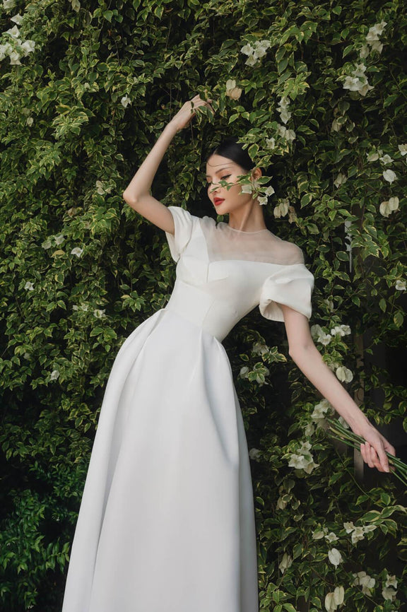 Women's Alice Swing Puffy Sleeved Taffeta Midi Dress S/M/L White MEAN BLVD