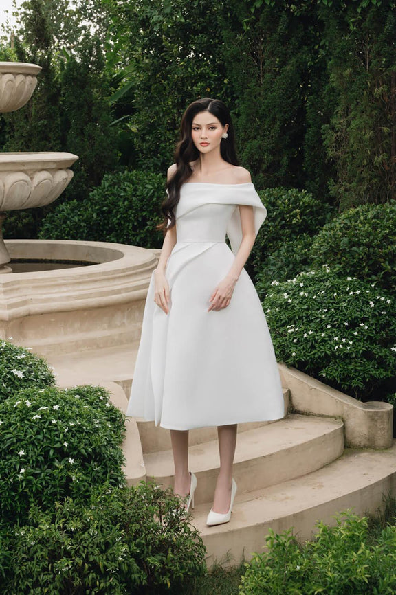 Amberly Fit and Flare Off-Shoulder Taffeta Below The Knee Dress | MEAN BLVD