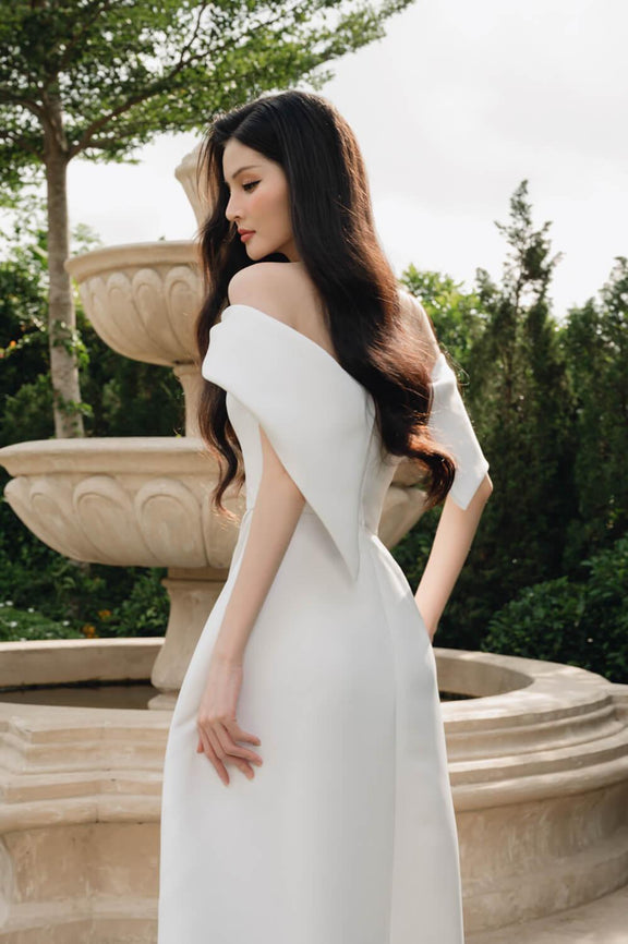 Amberly Fit and Flare Off-Shoulder Taffeta Below The Knee Dress | MEAN BLVD