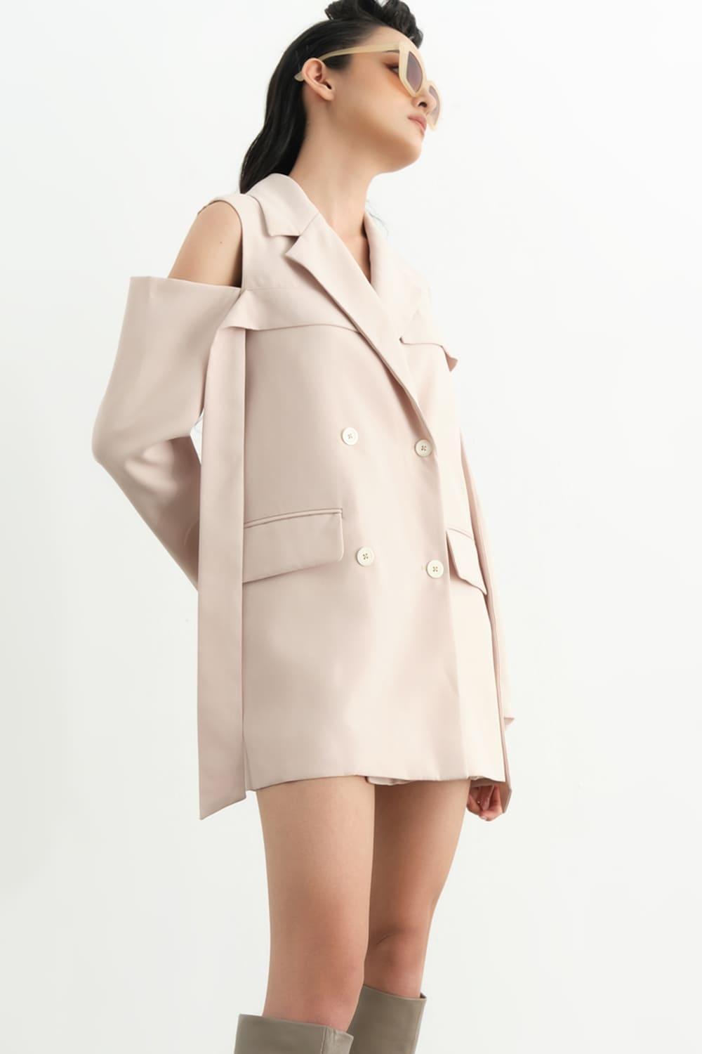 Women's Ella Loose Open Shoulder Cotton Blazer S/M/L Milky Beige MEAN BLVD