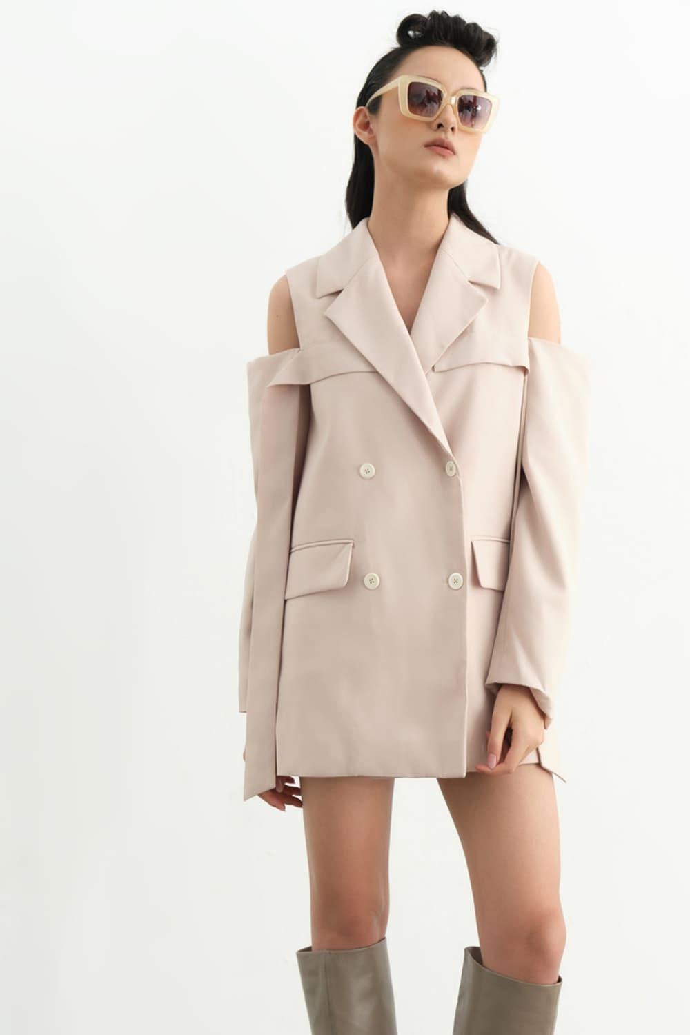 Women's Ella Loose Open Shoulder Cotton Blazer S/M/L Milky Beige MEAN BLVD