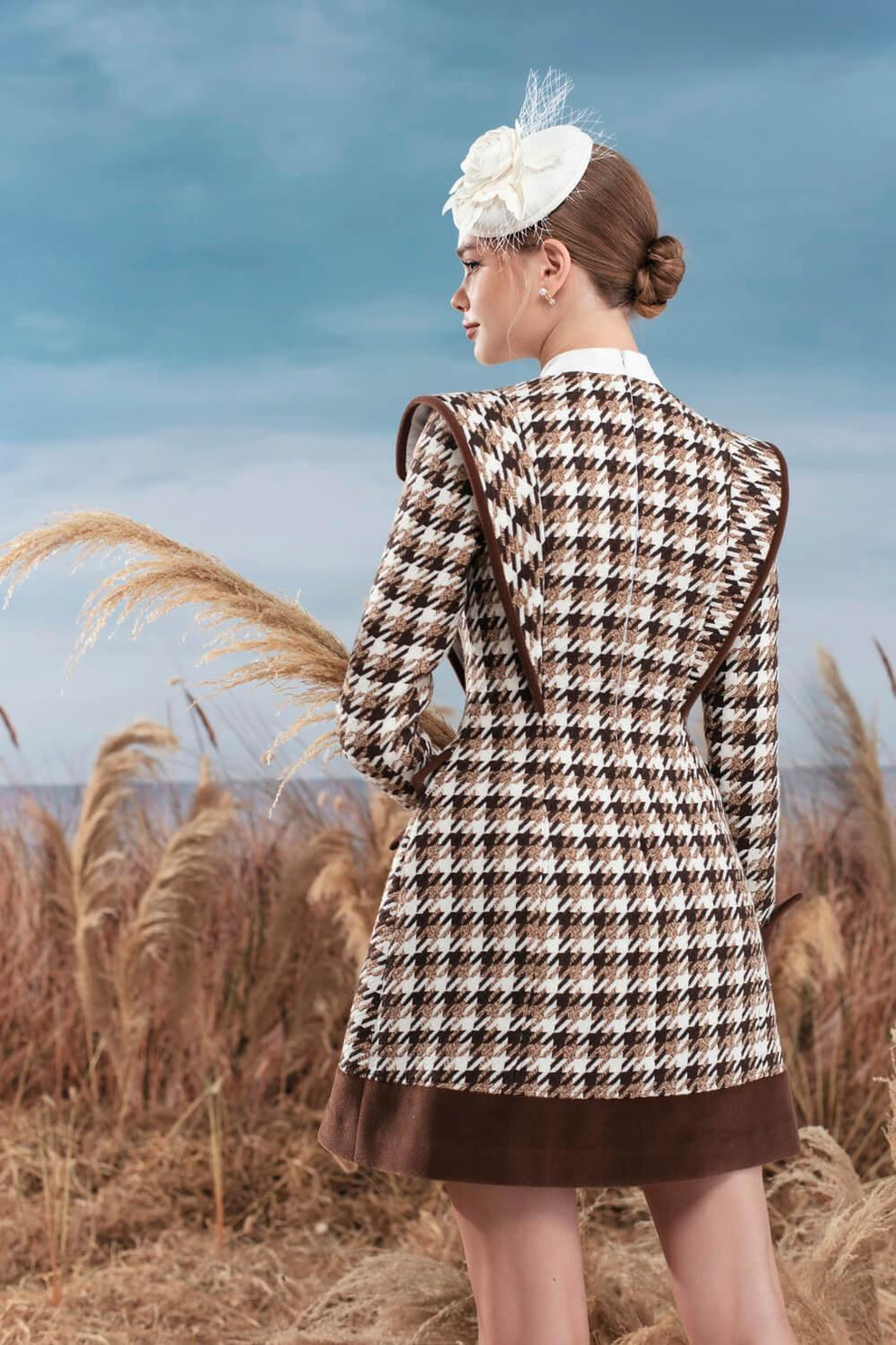 Women's Eva A-line Folded Collar Tweed Mini Dress S/M/L Brown MEAN BLVD