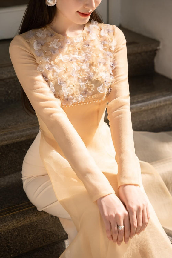 Isabelle Fitted Flower Applique Organza Long Length Ao Dai | MEAN BLVD