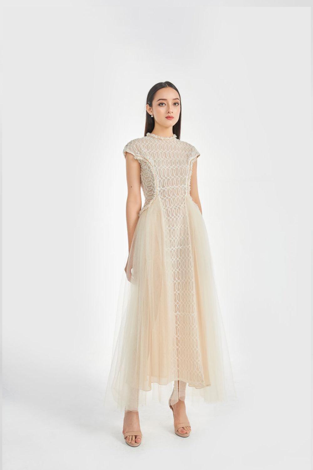 Women's Jade A-line Round Neck Mesh Sheer Midi Dress XS/S/M/L/XL Beige ...