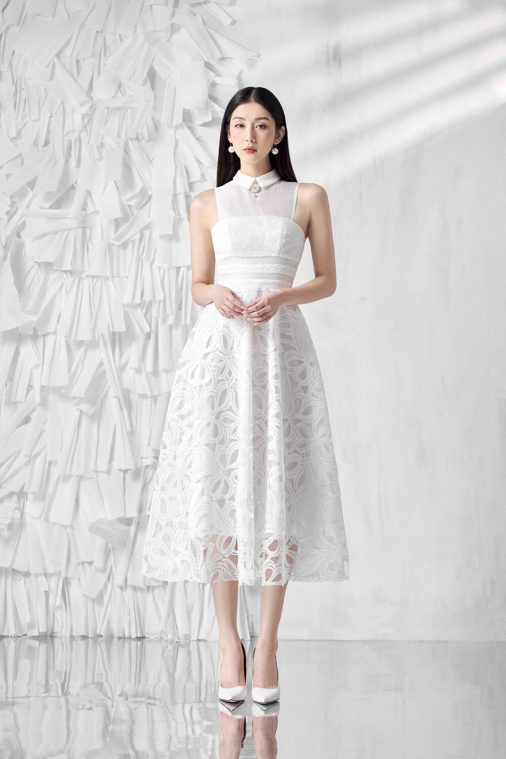 Women's Katia A-line Folded Collar Lace Weave Midi Dress S/M/L White ...