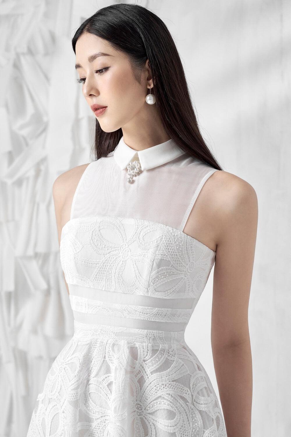 Women's Katia A-line Folded Collar Lace Weave Midi Dress S/M/L White ...