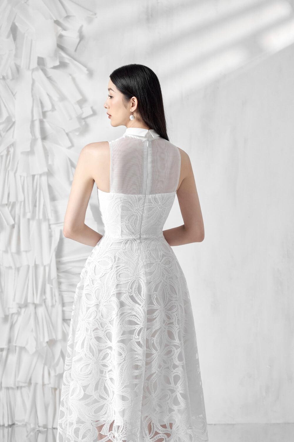 Women's Katia A-line Folded Collar Lace Weave Midi Dress S/M/L White ...