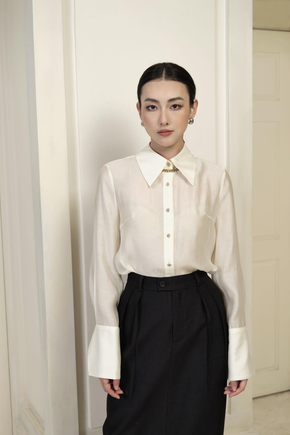 Women's Kress Straight Collared Neck Silk Shirt S/M/L Beige/Nuggets ...