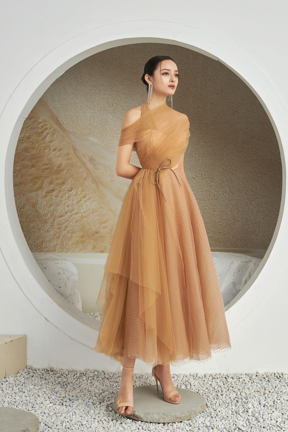 Women's Leslie Fit and Flare Crossover Mesh Taffeta Midi Dress XS/S/M/L ...
