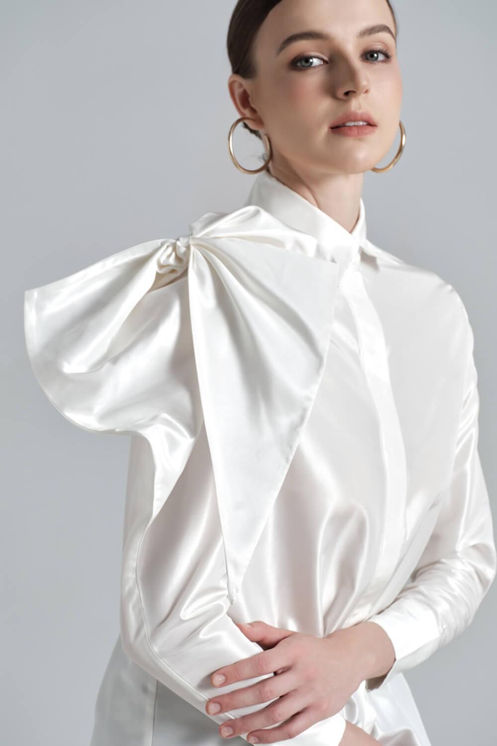 Women's Miranda Regular Fit Bow Silk Blouse S/M/L White MEAN BLVD