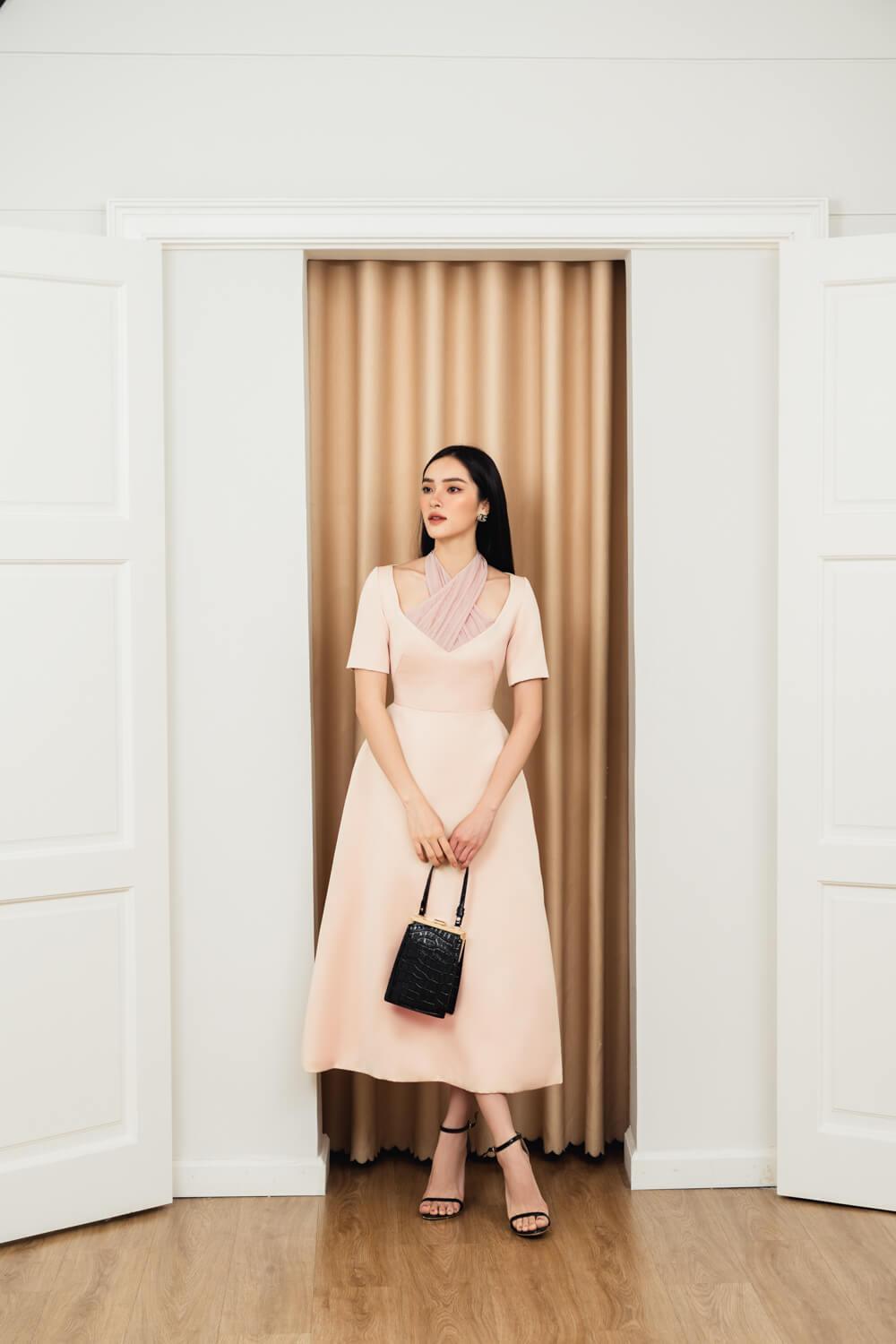 Women's Nala A-line Crossover Neck Silk Midi Dress S/M/L Beige MEAN BLVD