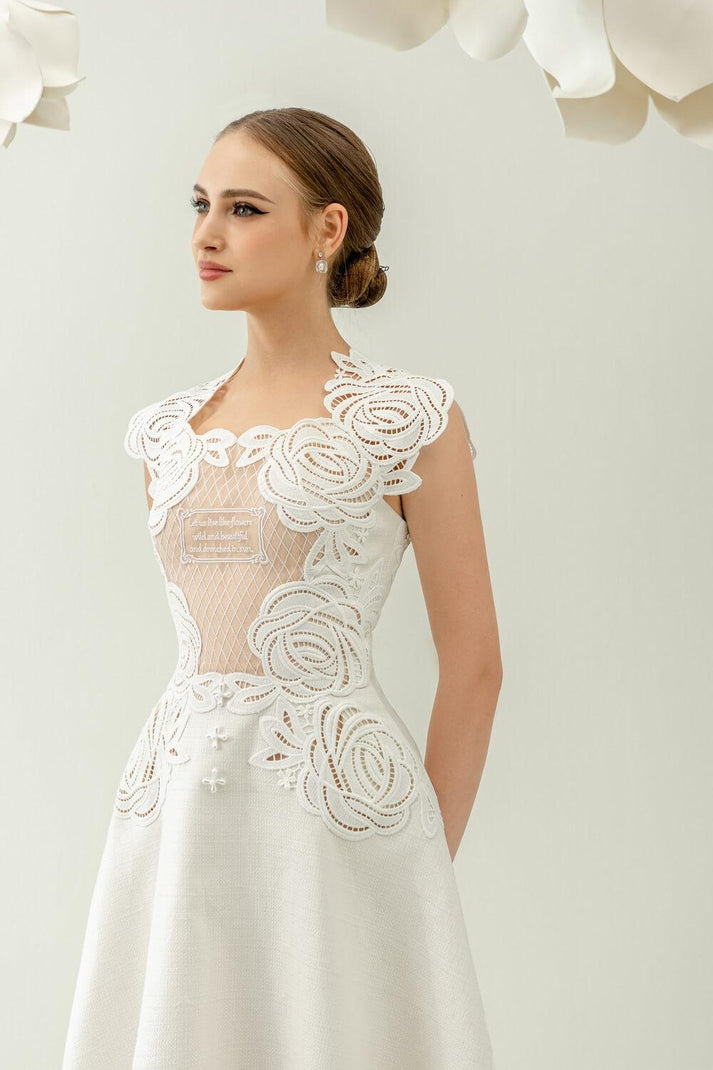 Women's Ohara A-line Queen Anne Neck Linen Silk Midi Dress S/M/L White ...