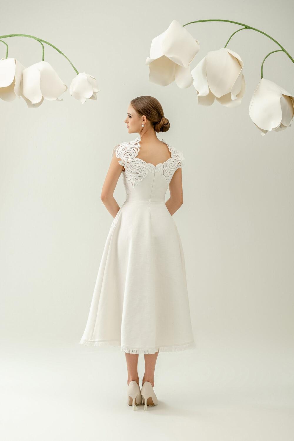 Women's Ohara A-line Queen Anne Neck Linen Silk Midi Dress S/M/L White ...