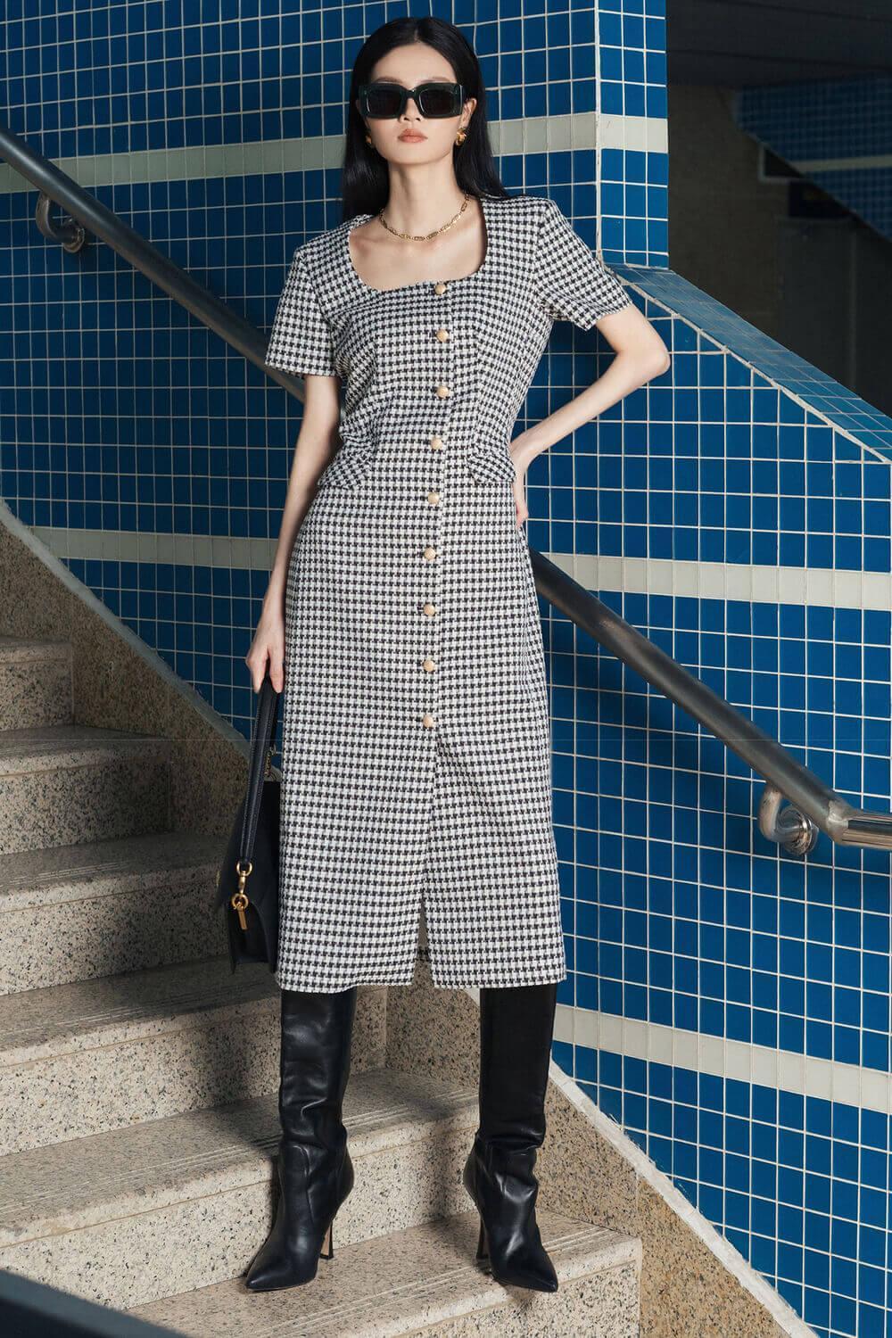 Pronce Sheath Button Tweed Midi Dress | MEAN BLVD