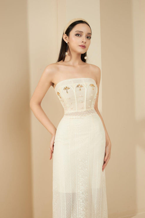 Women's Sibbett Strapless See-Through Lace Maxi Dress XS/S/M/L/XL Beige ...