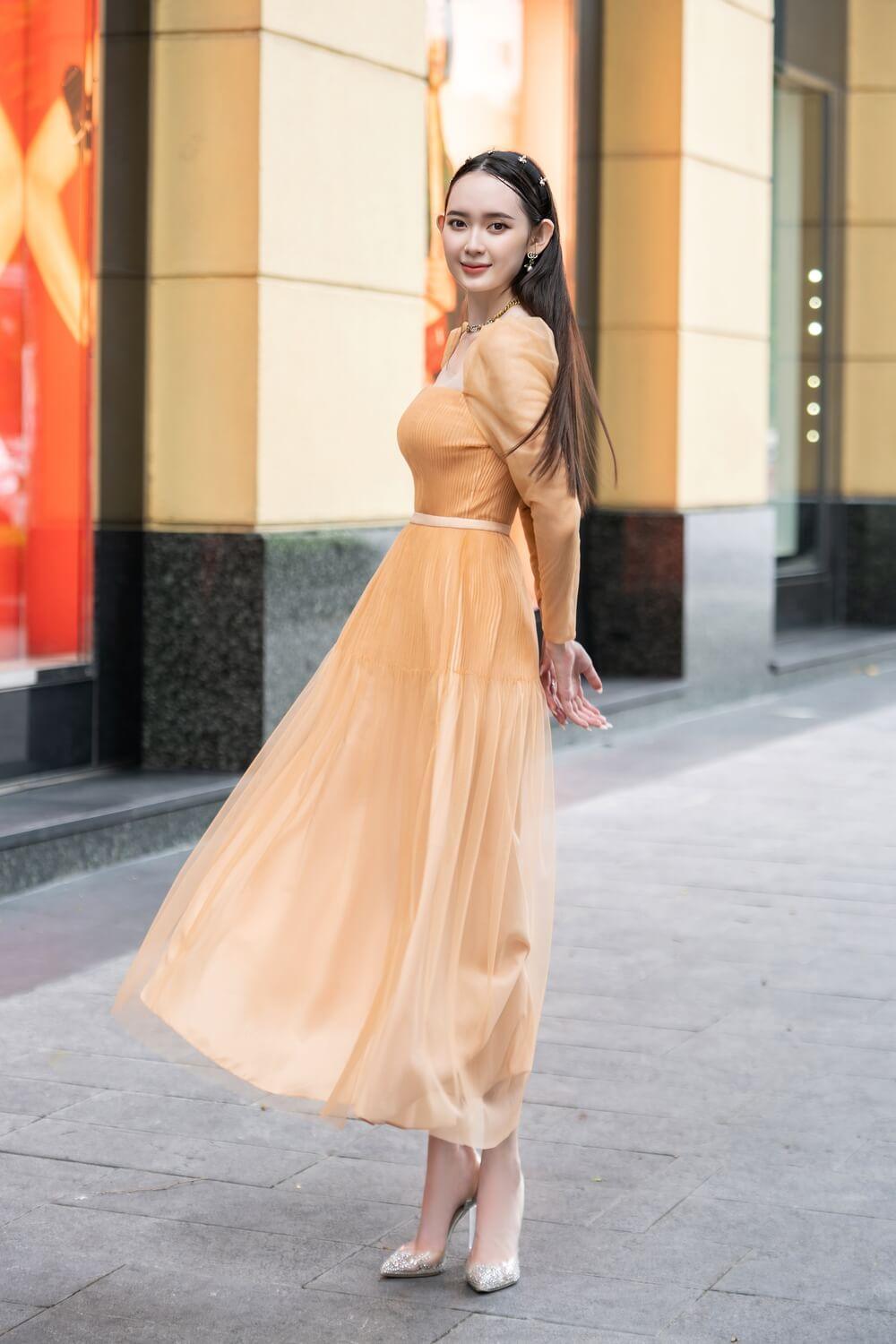 Tyler A-line Square Neck Mesh Sheer Midi Dress | MEAN BLVD