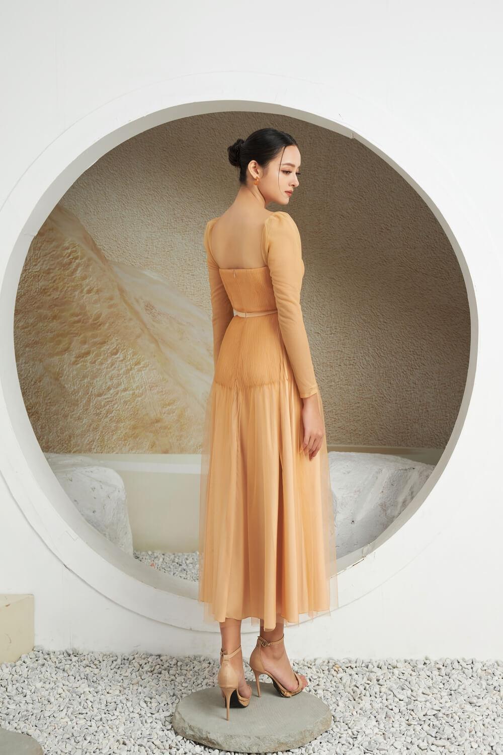 Tyler A-line Square Neck Mesh Sheer Midi Dress | MEAN BLVD